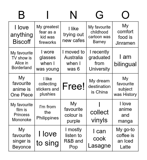 Get-to-Know me! Bingo Card