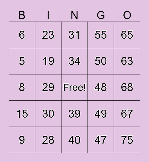 Number Bingo 1-75 Bingo Card