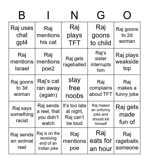 Raj Bingo Card