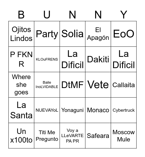 Bad Bunny Bingo Card