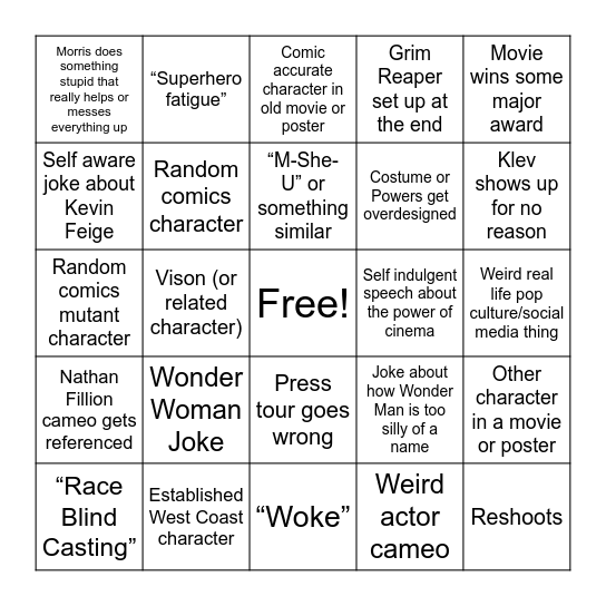 Wonder Man Prediction Bingo! Bingo Card