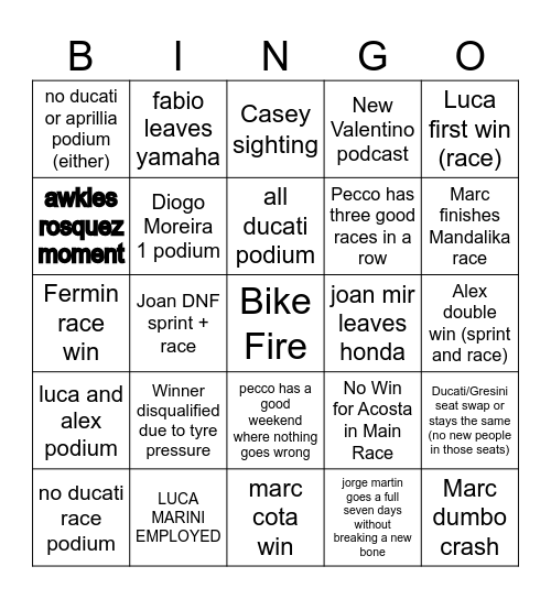 MotoGP Bingo Card