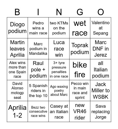 MotoGP Bingo Card