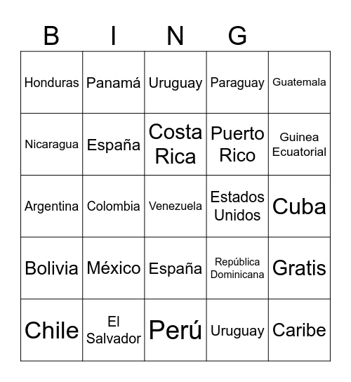 Spanish Speaking Countries Bingo Card