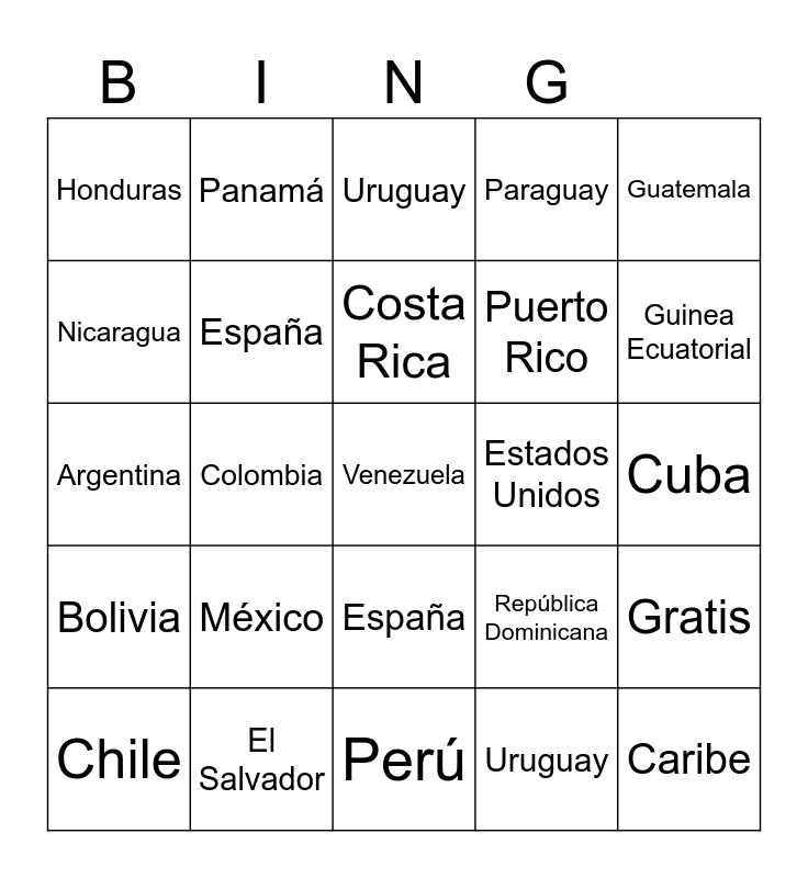 Spanish Speaking Countries Bingo Card