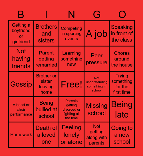 Stress Bingo Card