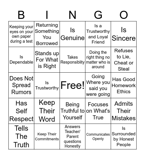 Honesty Bingo Card