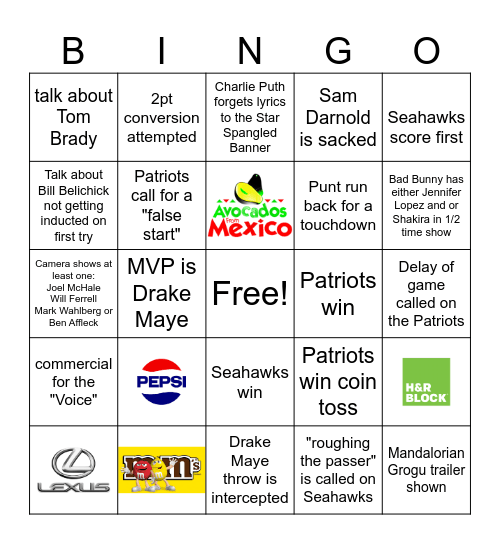 Super Bowl LX Bingo Card