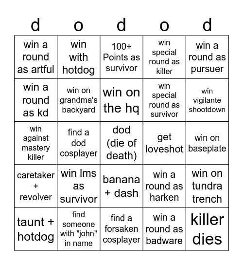 die of death bingo Card