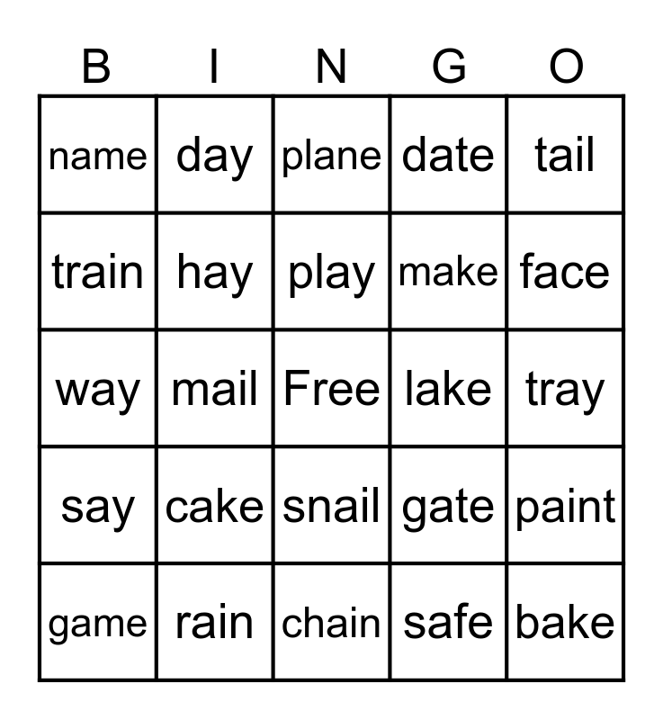 Long Vowel A Bingo Card