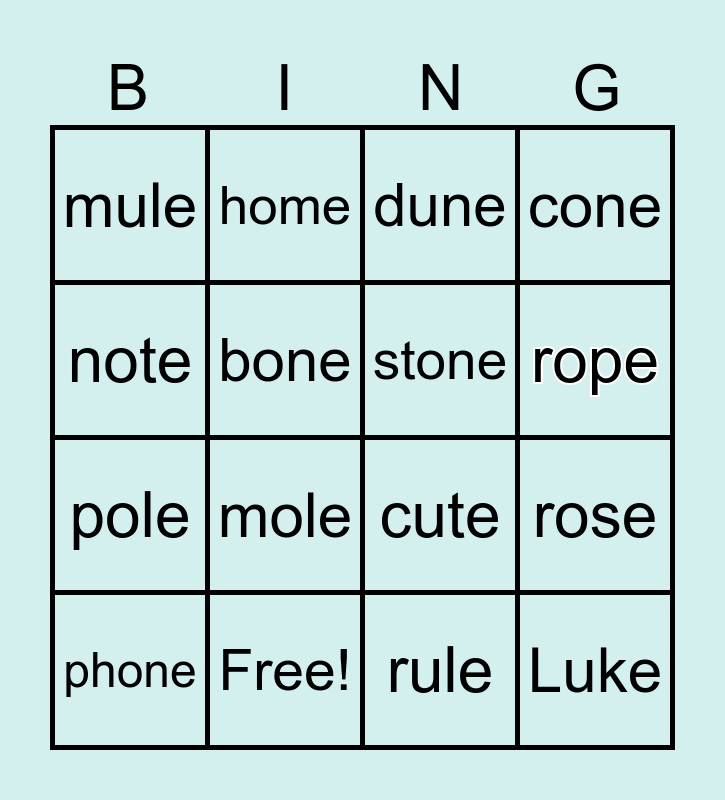 Magic E Bingo Card