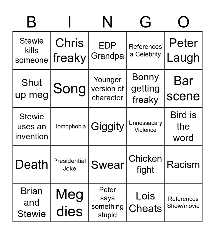 Family guy bingo Card