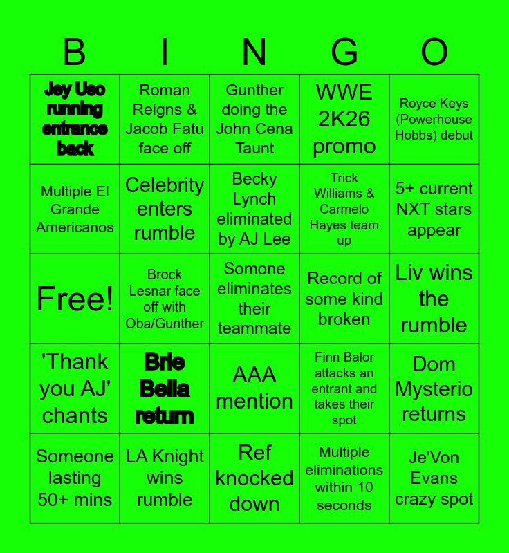 Rumble Bingo Card