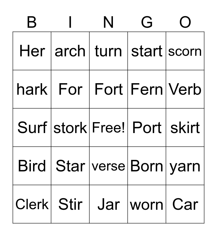 R-Controlled Words Bingo Card
