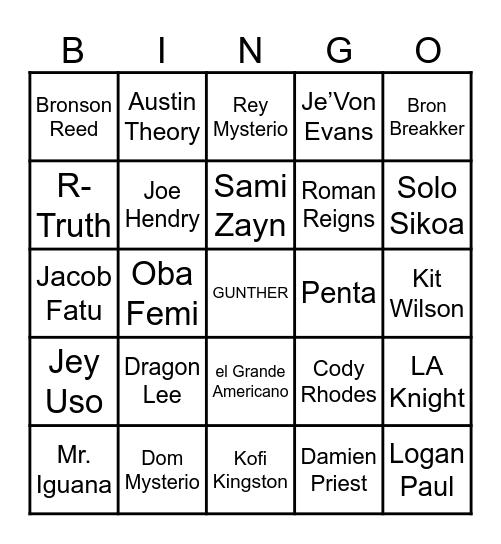 Men's Royal Rumble Bingo Card