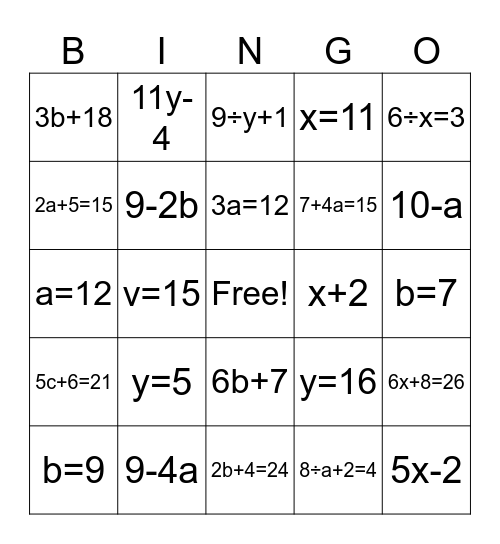 Equations, Expressions, Variables Bingo Card