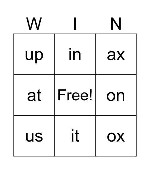 2 letter words Bingo Card