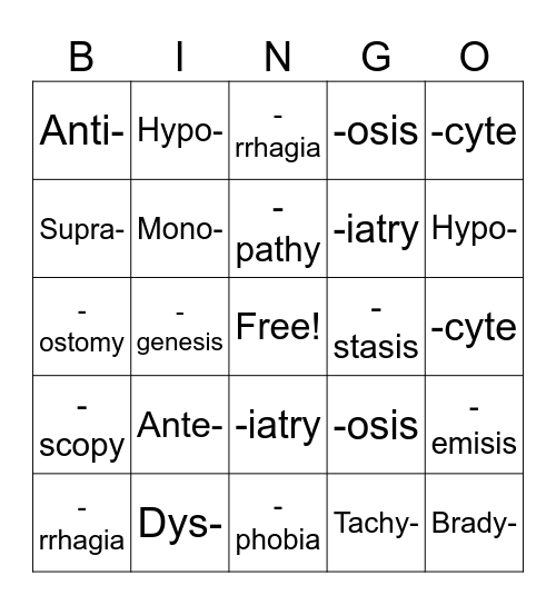 Prefixes and suffixes Bingo Card