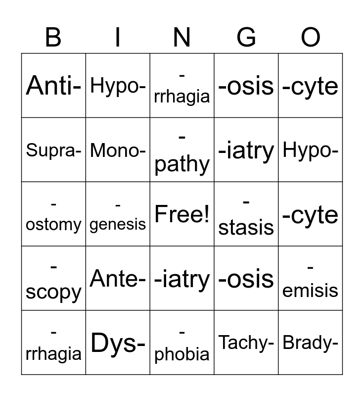 Prefixes and suffixes Bingo Card