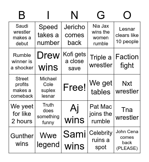 rumble Bingo Card