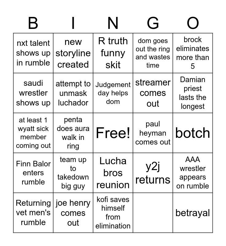 men's rumble bingo Card