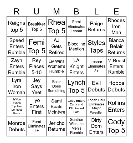 Royal Rumble Bingo Card