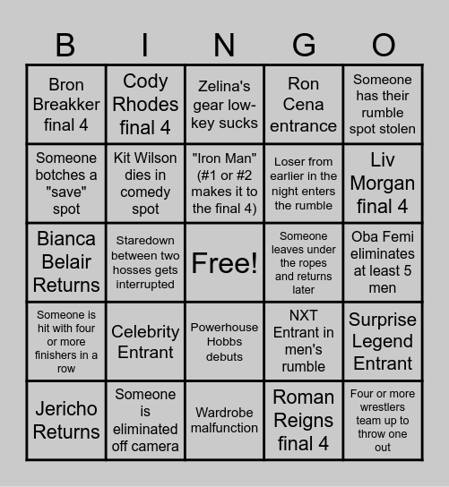 Rumble Bingo Card