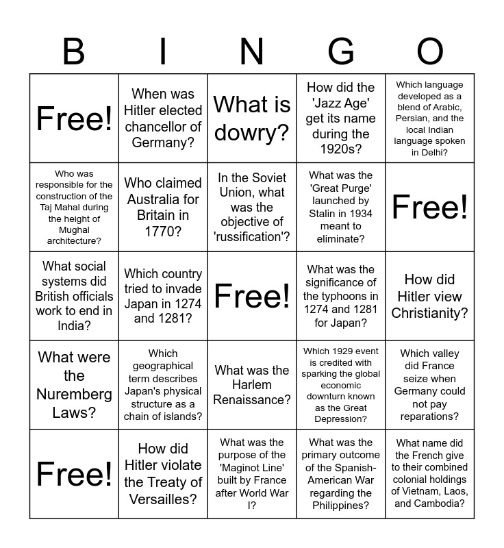 World History Bingo Card
