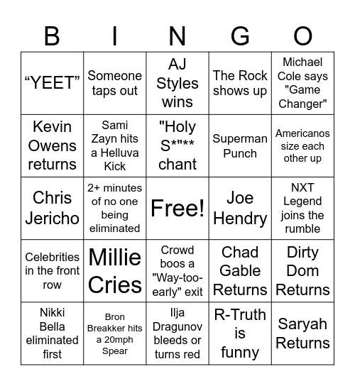 Royal Rumble 2026 Bingo Card