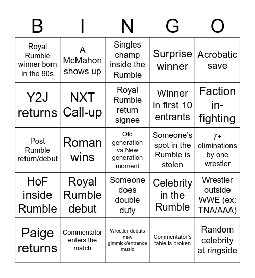 Royal Rumble Bingo Card