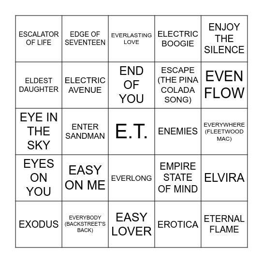 "E" Bingo Card