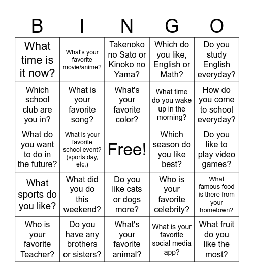Question Bingo Card