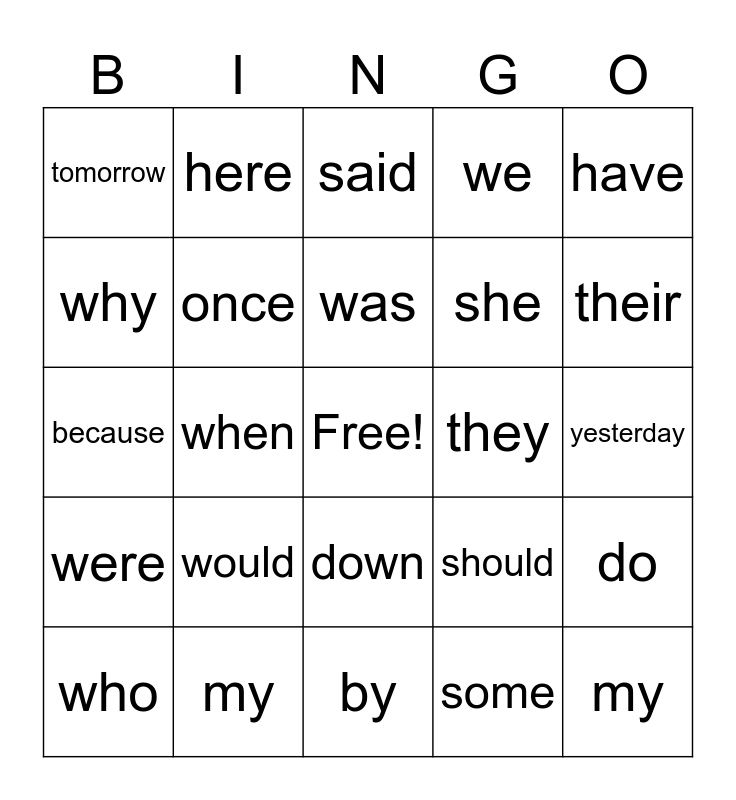 Tricky Word Bingo Card