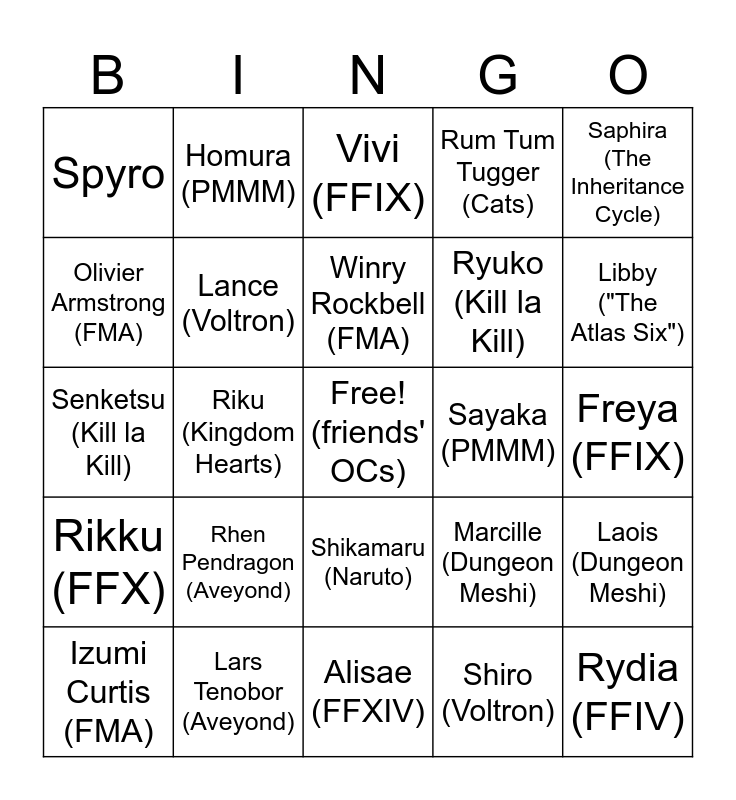 Blorbos Bingo Card