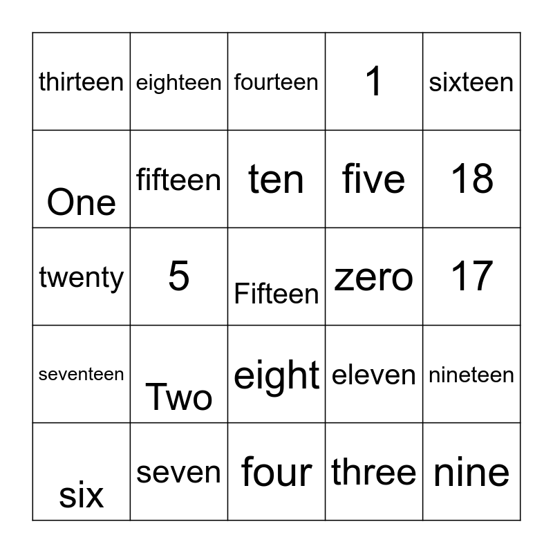 Numbers Bingo Card