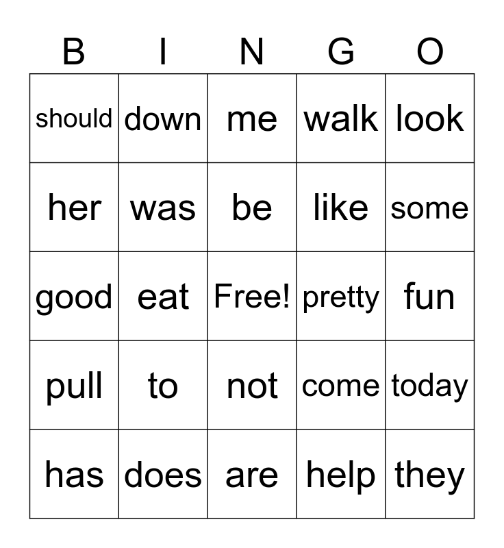 High Frequency Words Bingo Card