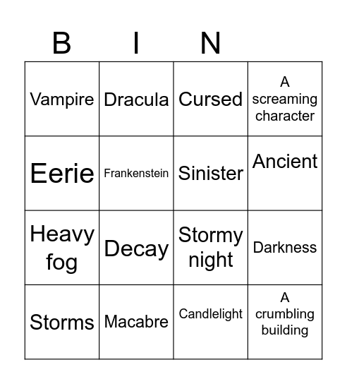 Year 9 Harper Gothic bingo Card