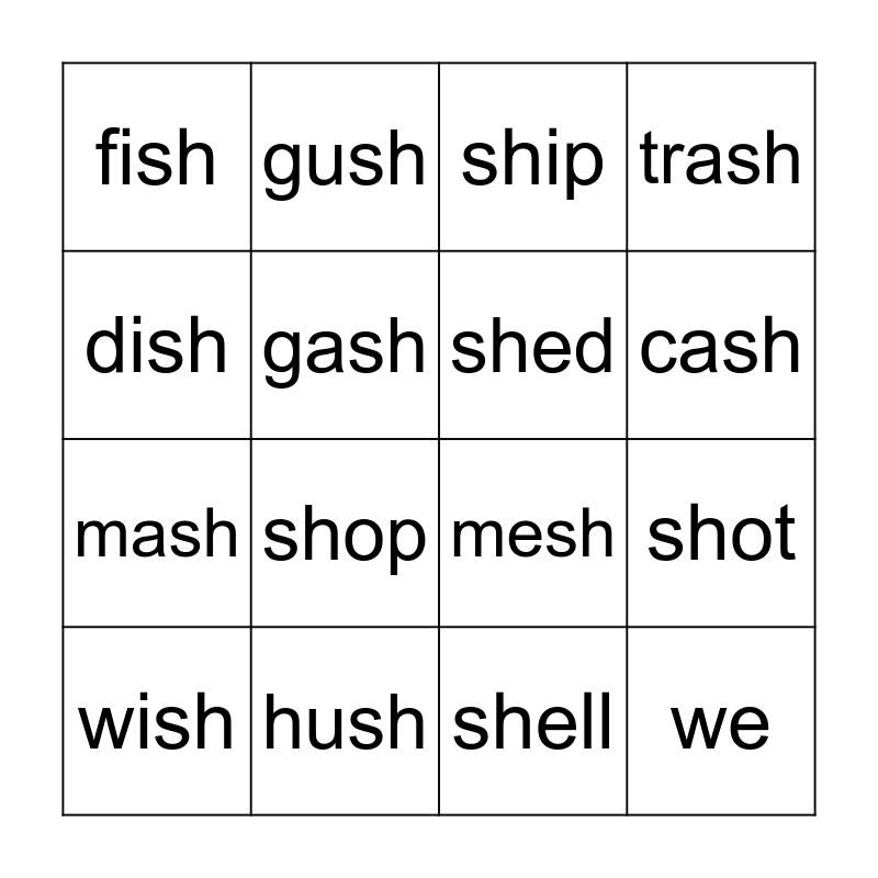sh Digraph Bingo Card