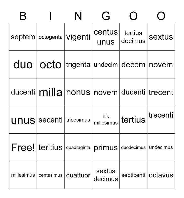 Latin bingo Card