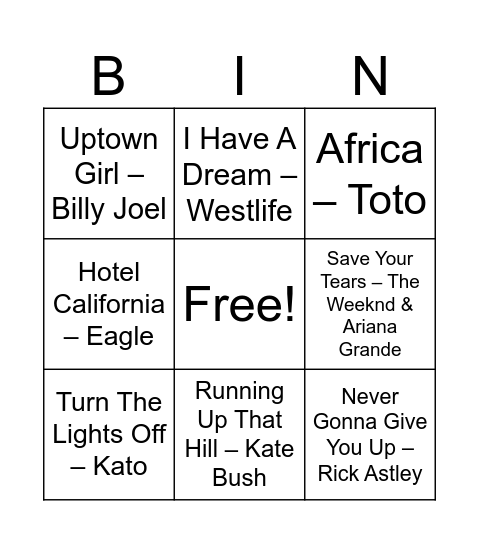 Popular Music Bingo Card
