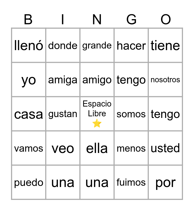 Palabras de Uso frecuente Bingo Card