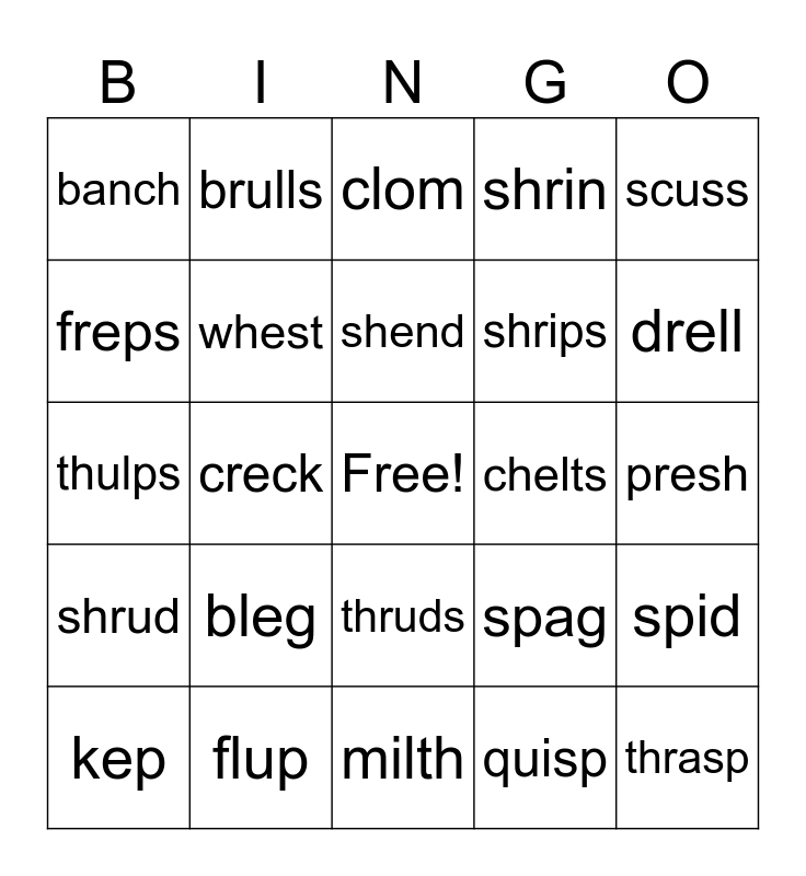 Nonsense Word Bingo Card