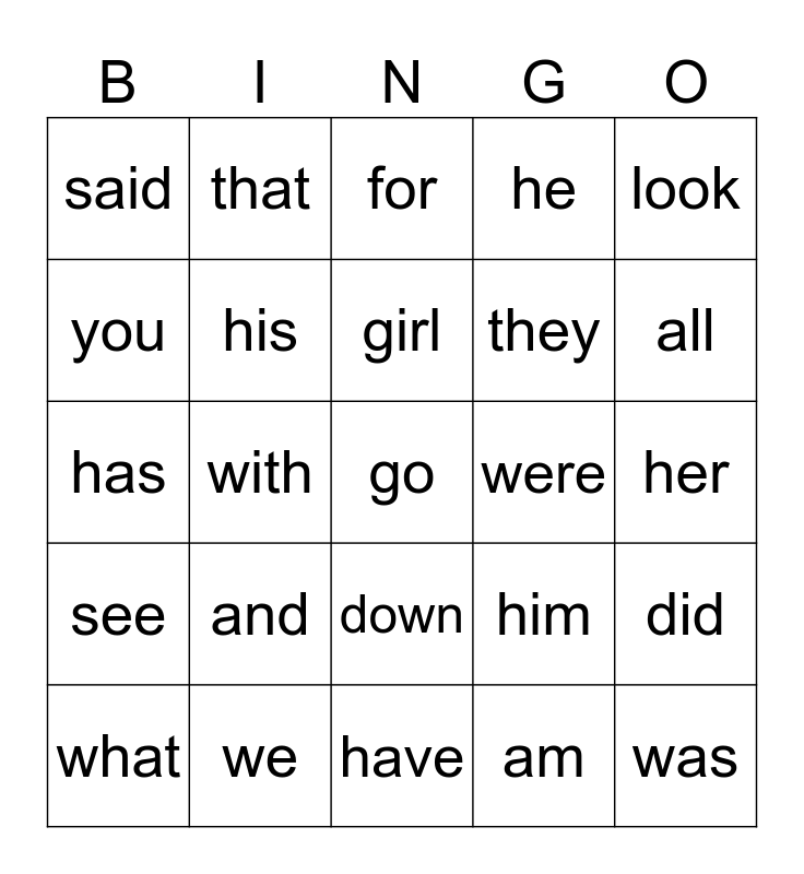 Sight Word Bingo Card