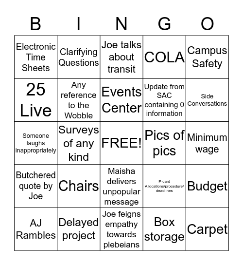 Commons Departmental Bingo Card