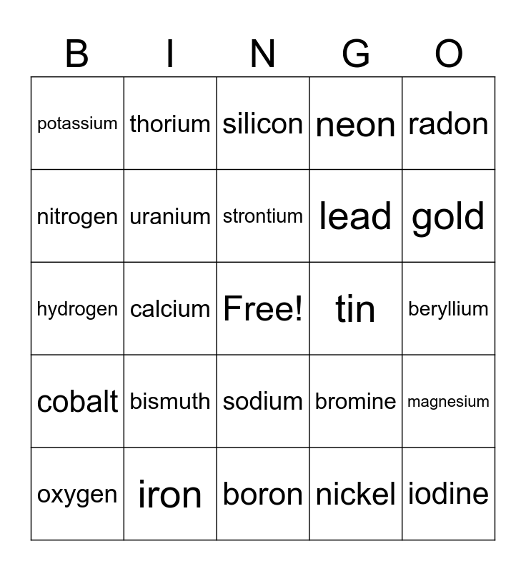 Element Bingo Card