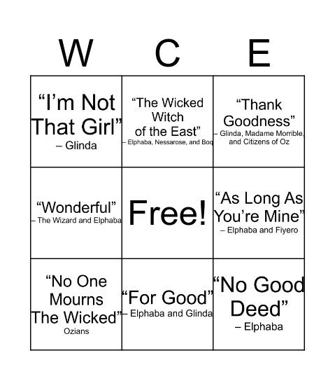 Wicked For Good Bingo Card