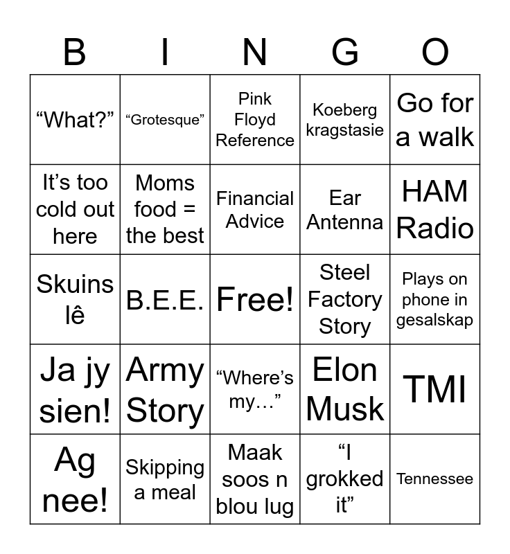 Oom Jan Common Sayings Bingo Card