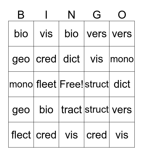 Root Word Bingo Card