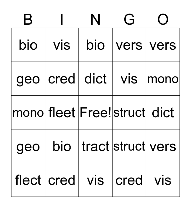 Root Word Bingo Card