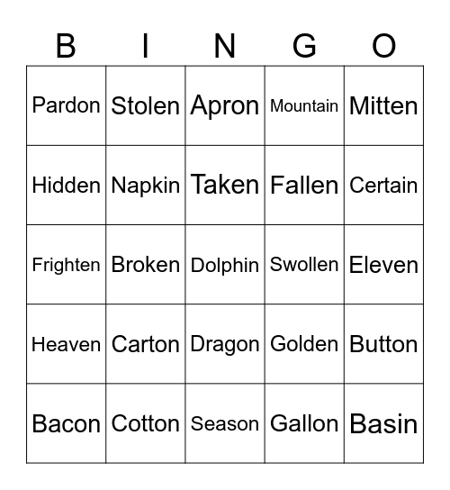 Unaccented Final Syllable - Lesson 18 Bingo Card